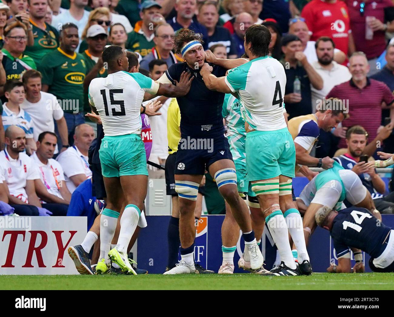 Scotland's Jamie Ritchie argues with South Africa's Damian Willemse ...