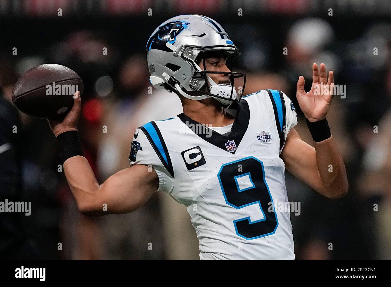 Carolina Panthers quarterback Bryce Young (9) warms up before the first ...
