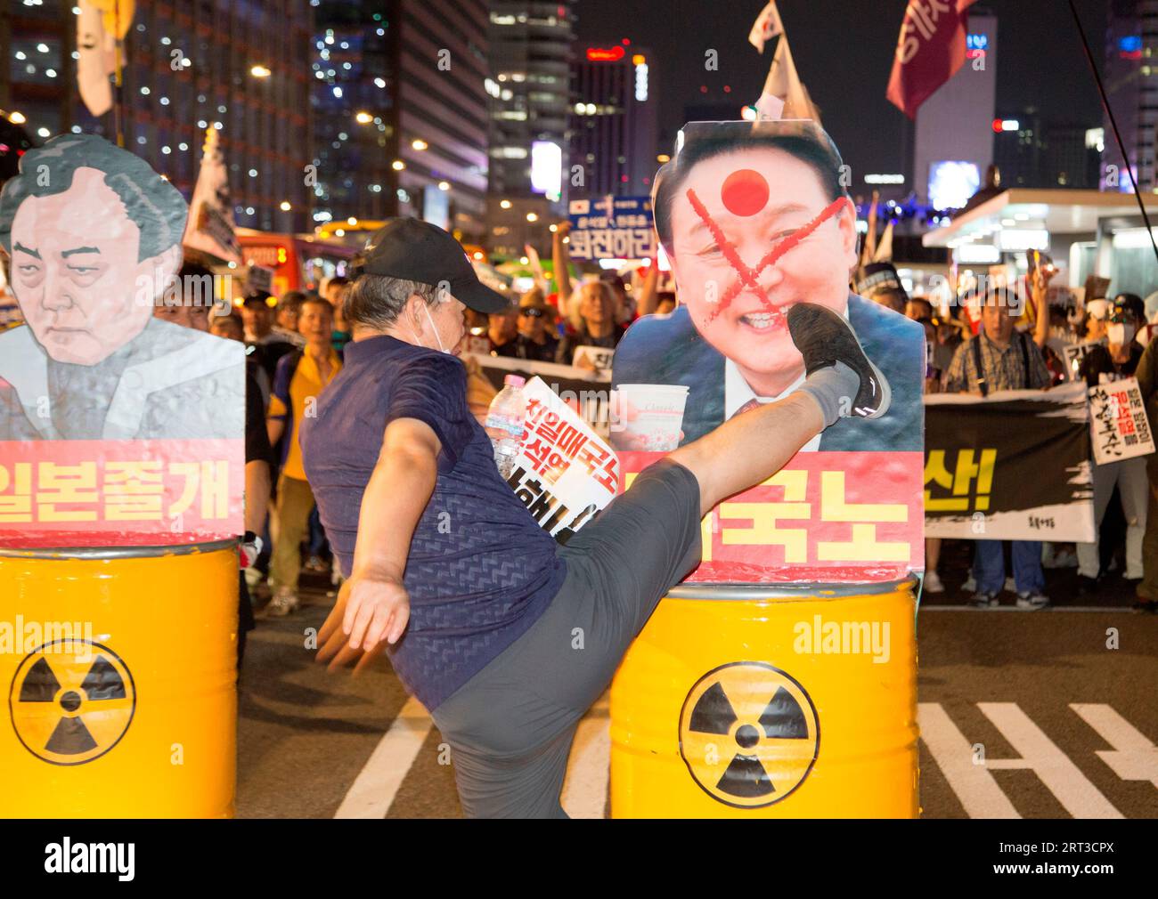 Protest against Japan and Yoon Suk-Yeol, Sep 9, 2023 : A man kicks a ...
