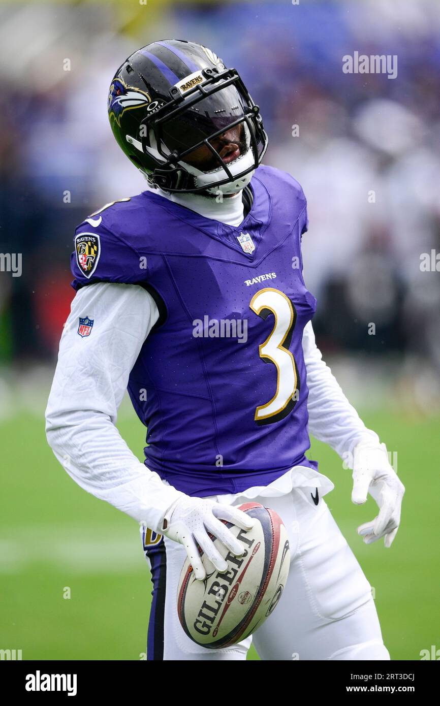 Baltimore Ravens' Odell Beckham Jr. warms up with a rugby ball prior to ...