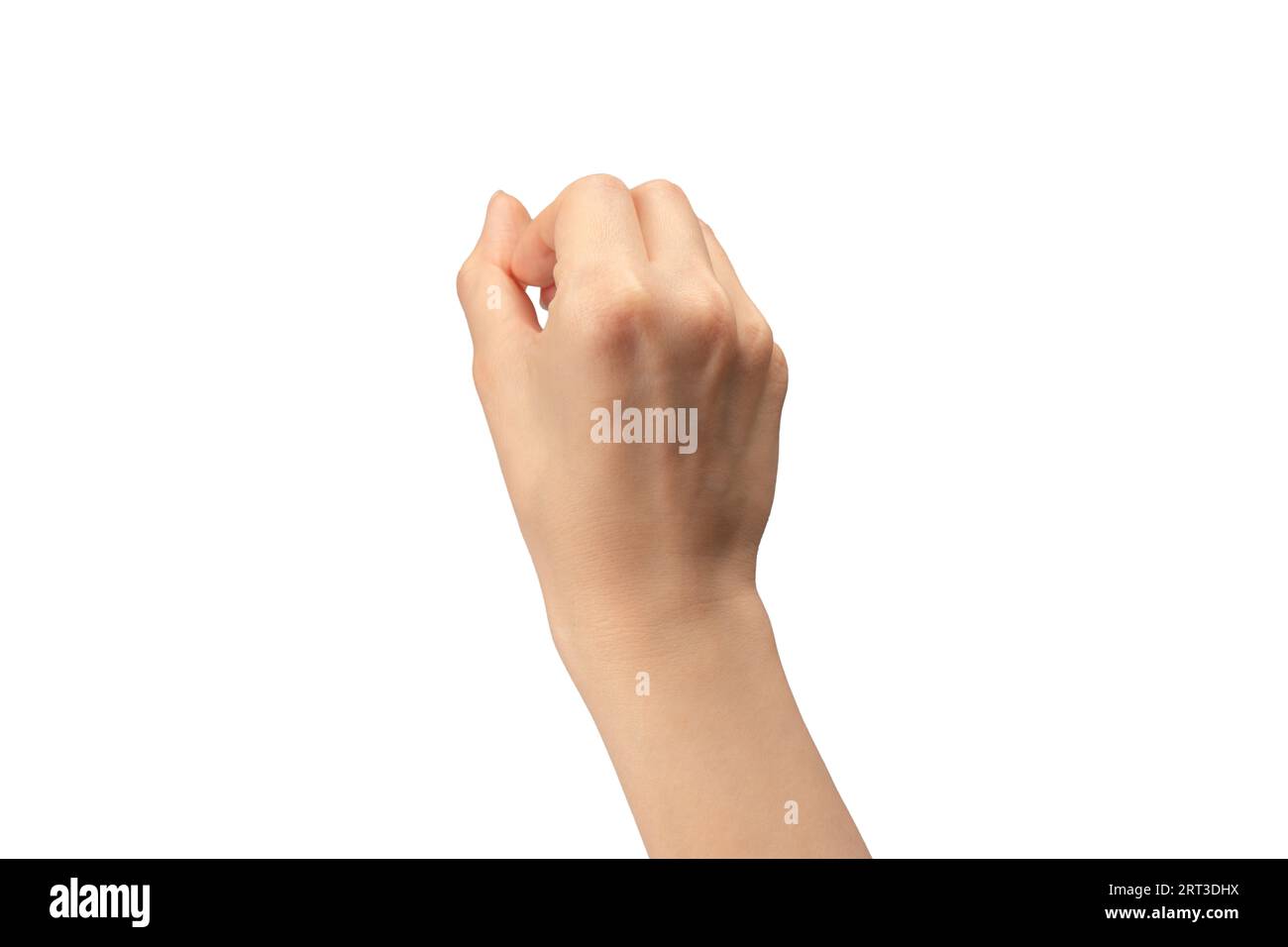 Hand of a woman holds some tiny or thin object, isolated on a white ...