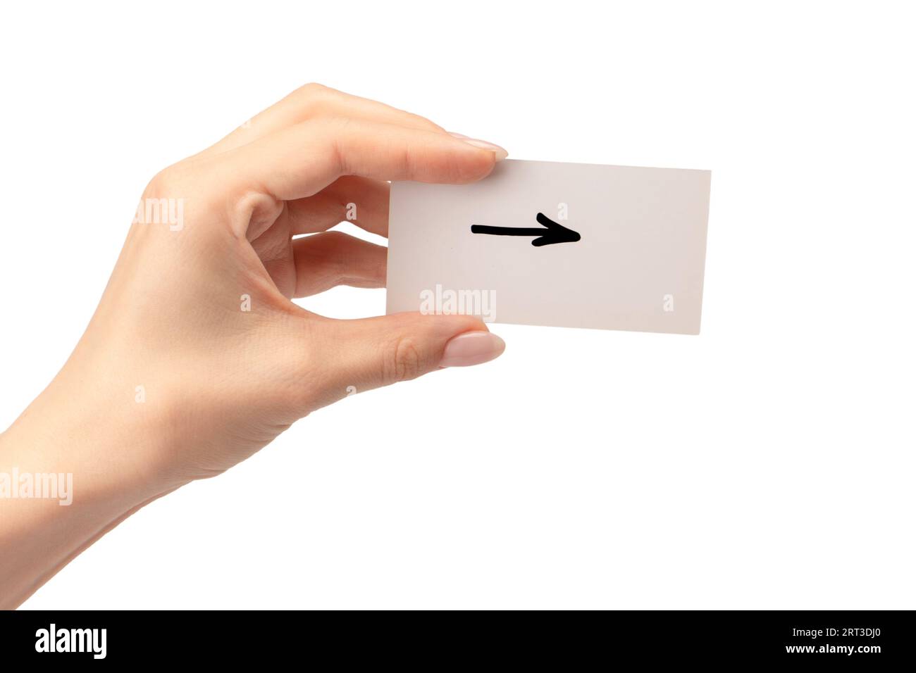 Arrow sign on a card in a woman hand isolated on a white background ...