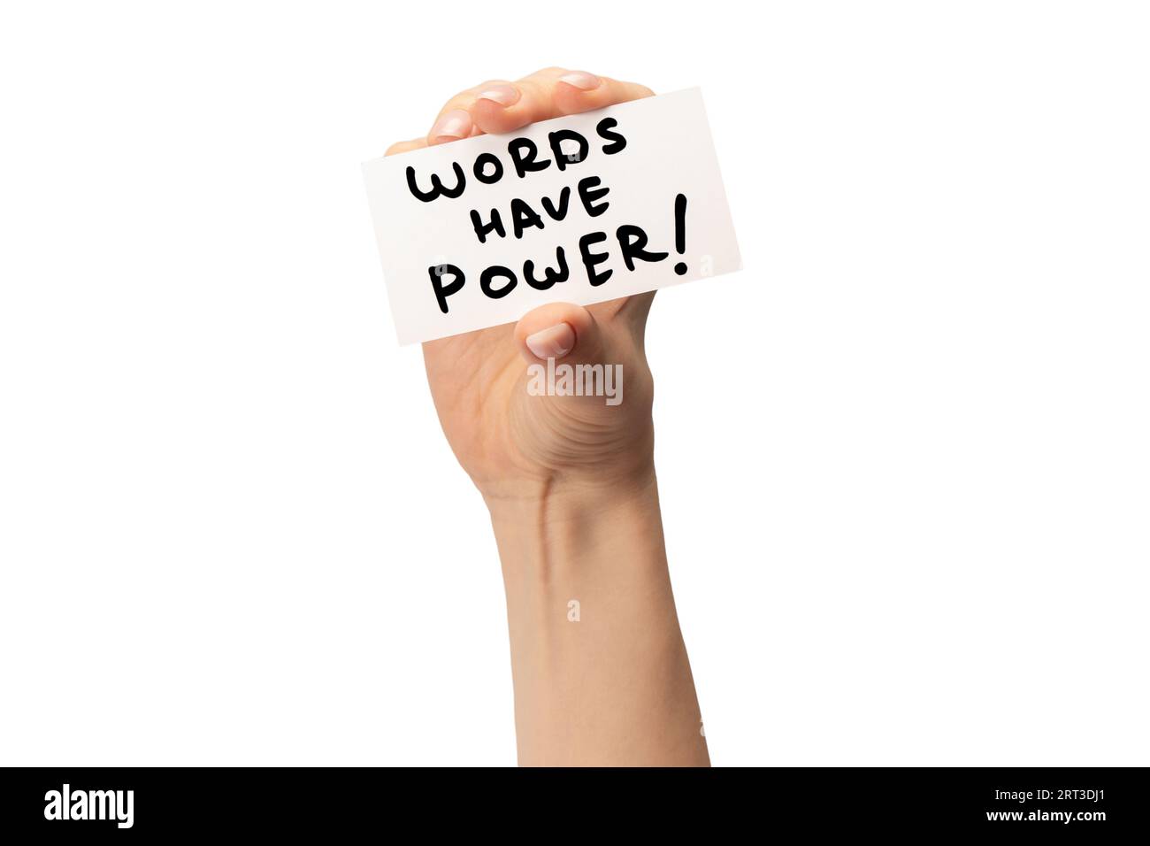Words have power text on a card in a woman hand isolated on a white ...