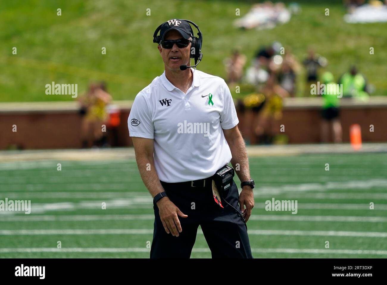 Wake Forest head coach Dave Clawson looks to an official during the ...