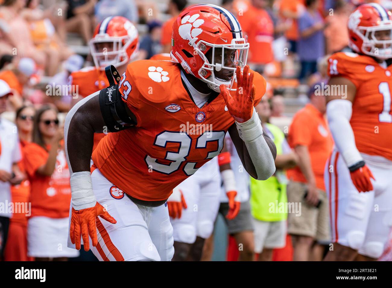 Clemson defensive tackle Ruke Orhorhoro (33) warms up before an NCAA ...