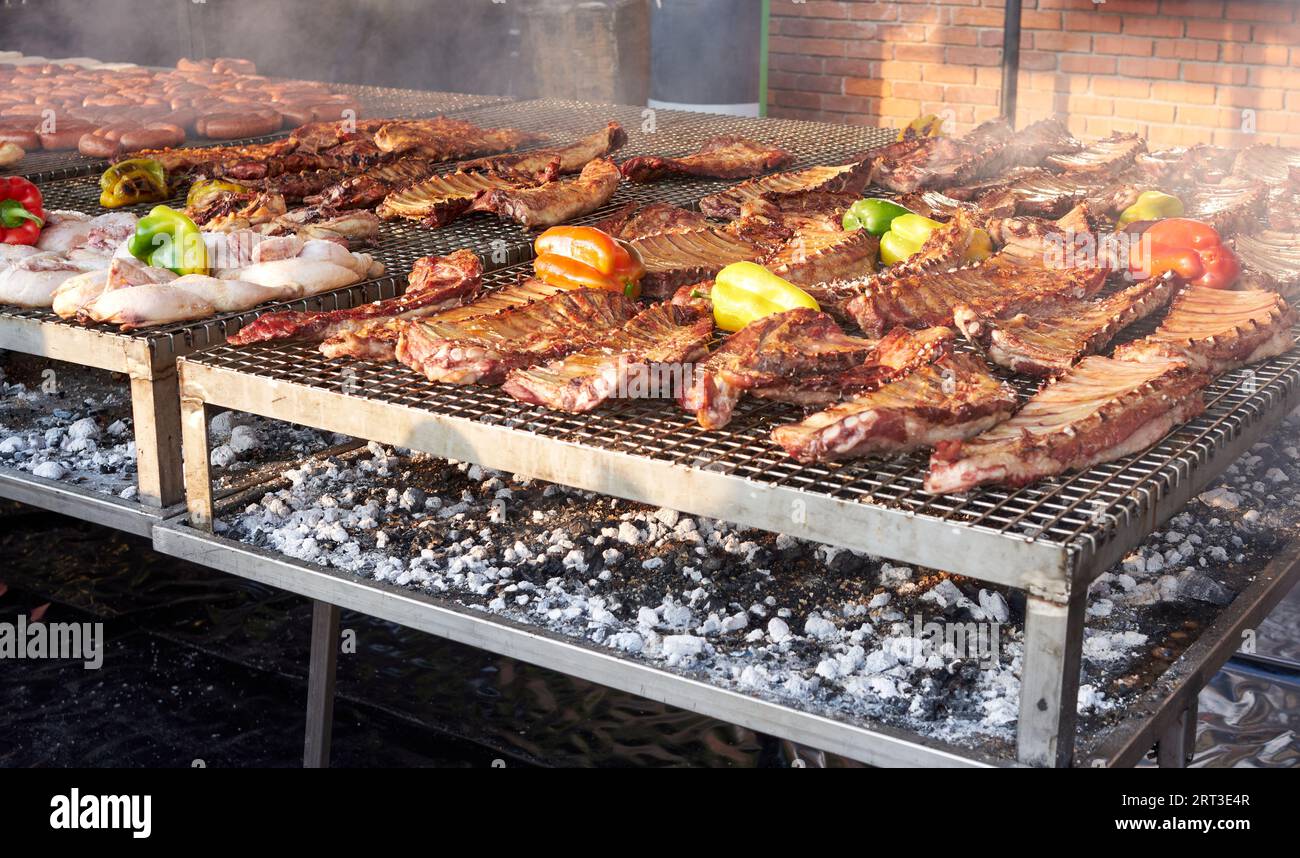 large mixed meat grill with various types of meat Stock Photo - Alamy