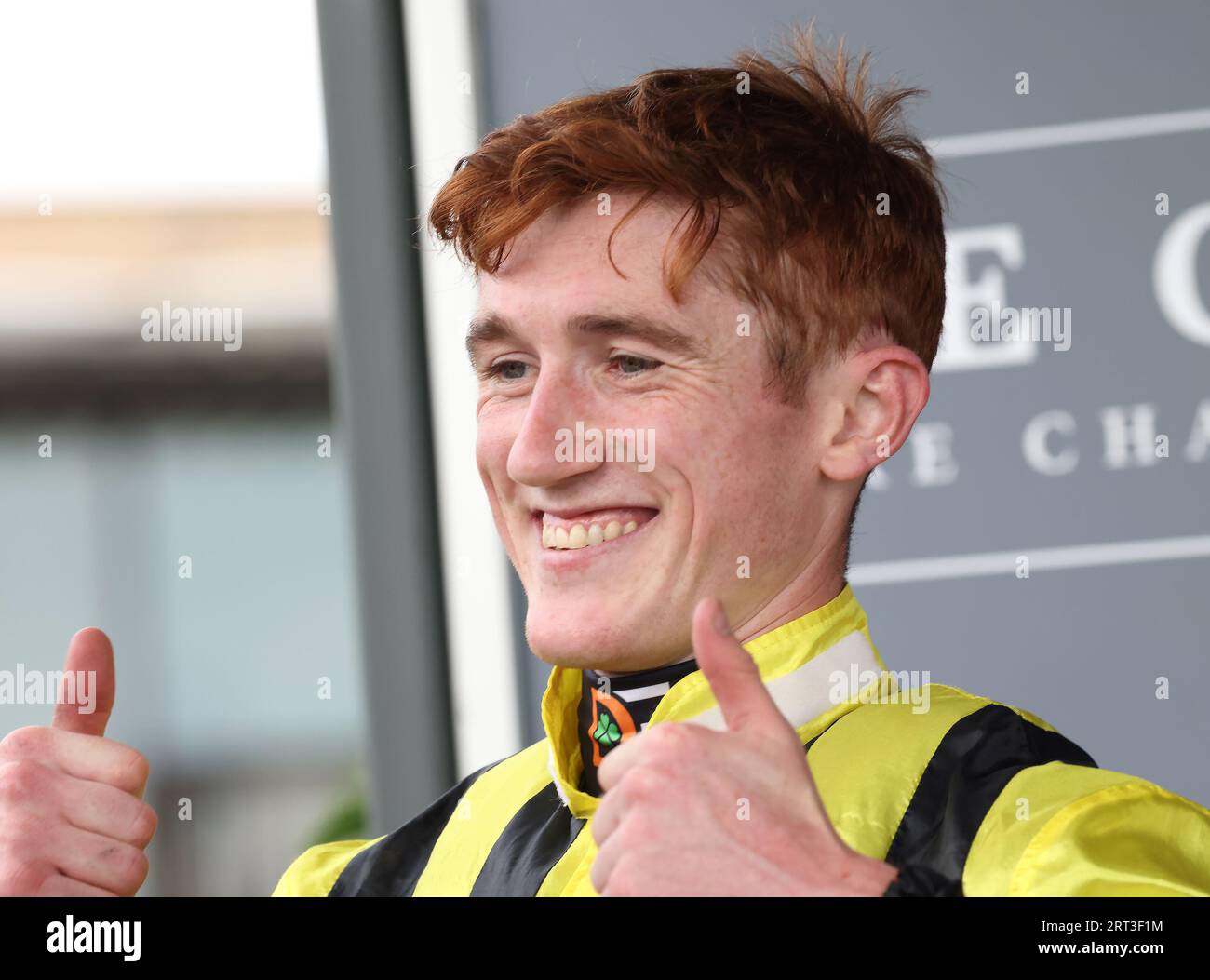 Jockey David Egan smiles after Eldar Eldarov had won the Comer Group ...