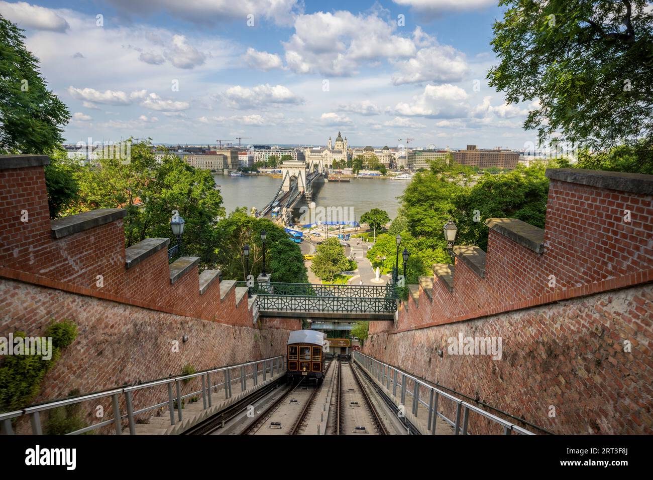 The Buda Castle Funicular Railway with the Danube river and Budapest in ...