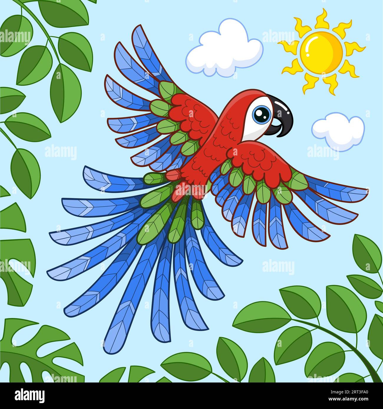 Flying red-green macaw parrot. Tropical theme. For children's design of ...