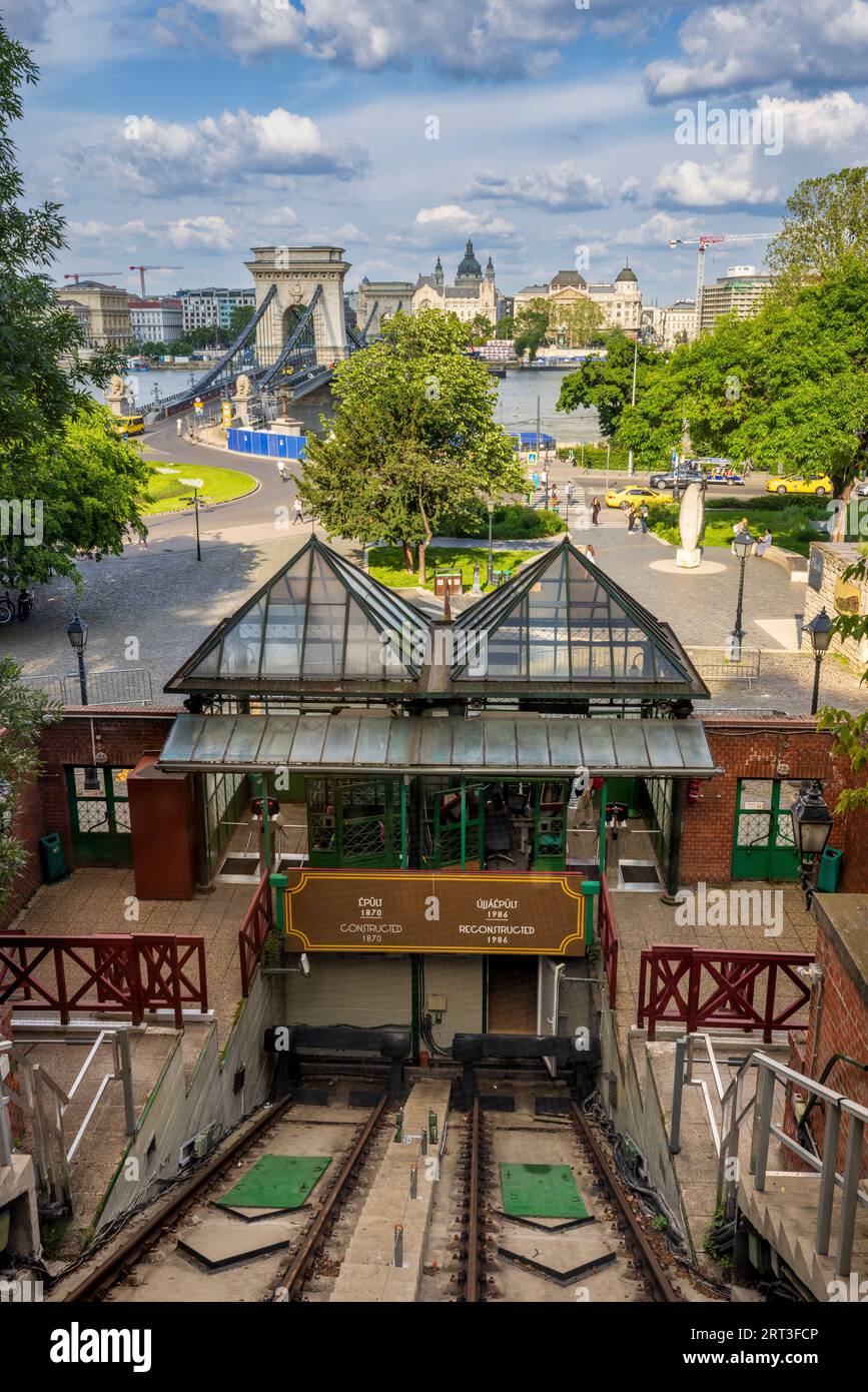 The Buda Castle Funicular Railway with the Danube river and Budapest in ...