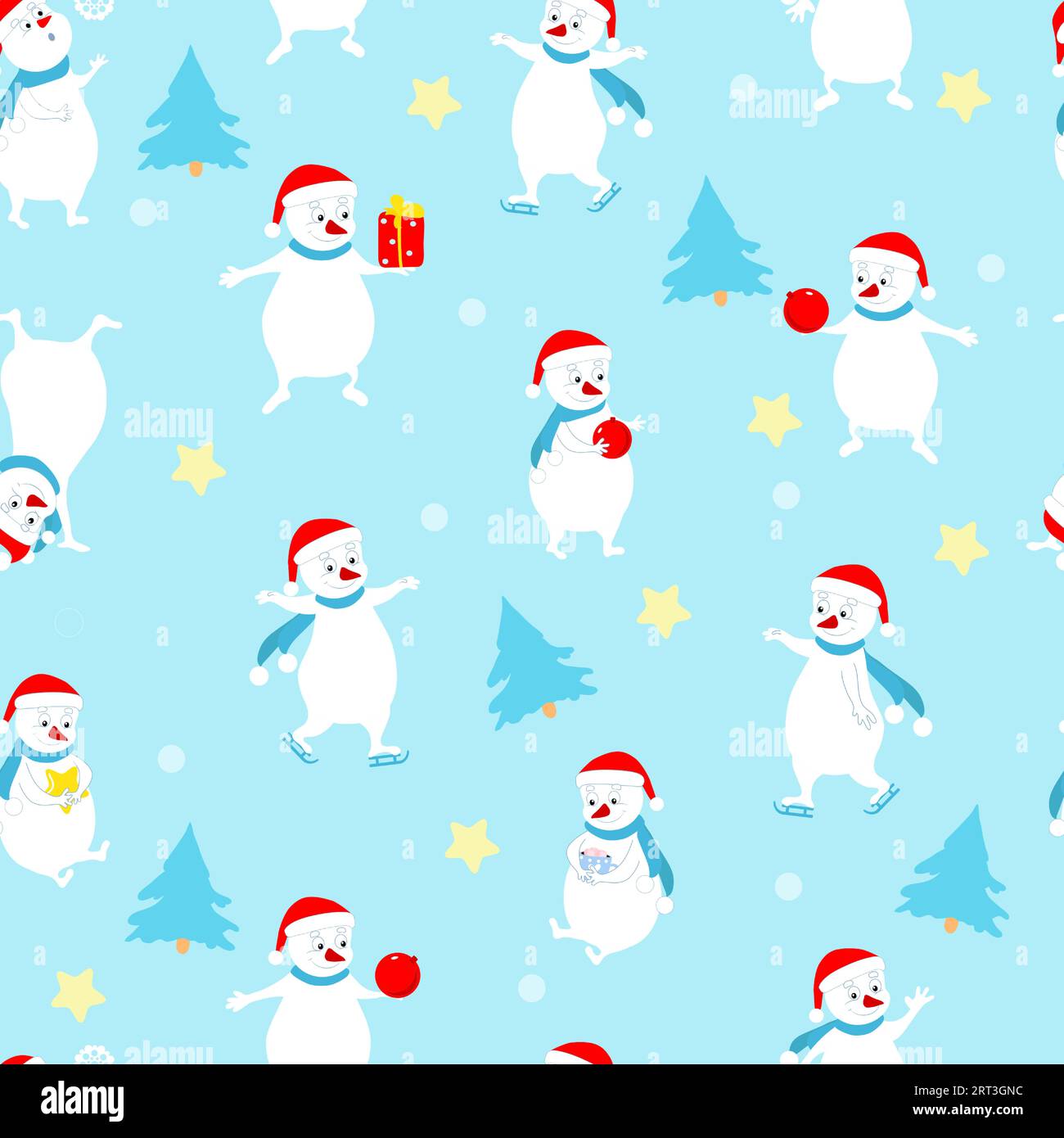 Seamless Christmas pattern of spruce, snowmen, stars on a blue ...