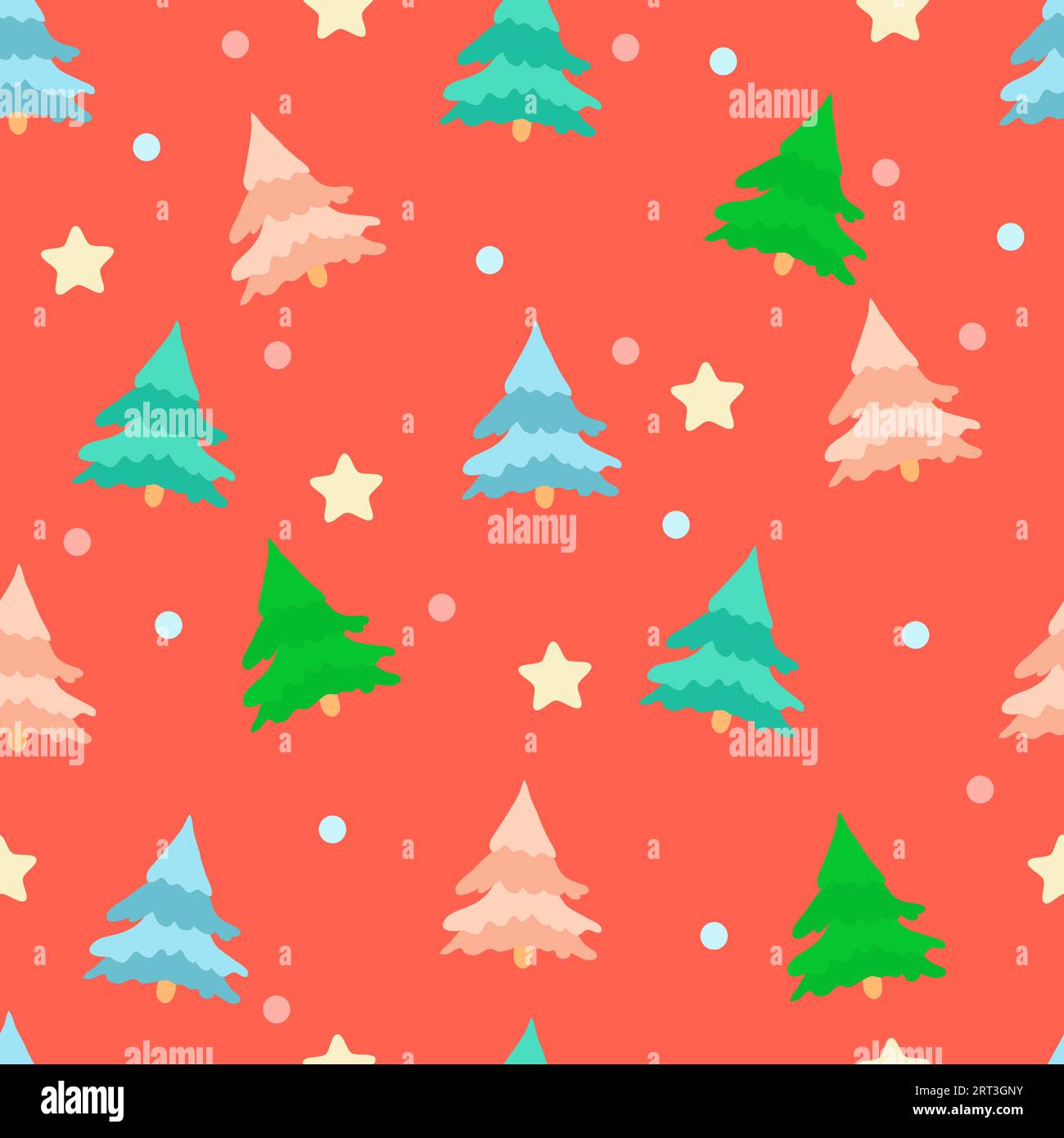 A lot of multi-colored fir trees on a coral background. Seamless ...