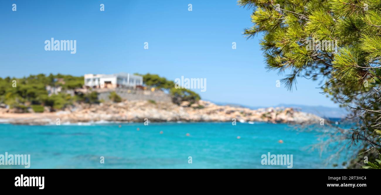 Greece Agistri island Aponisos beach. Blur rocky land sea water ...