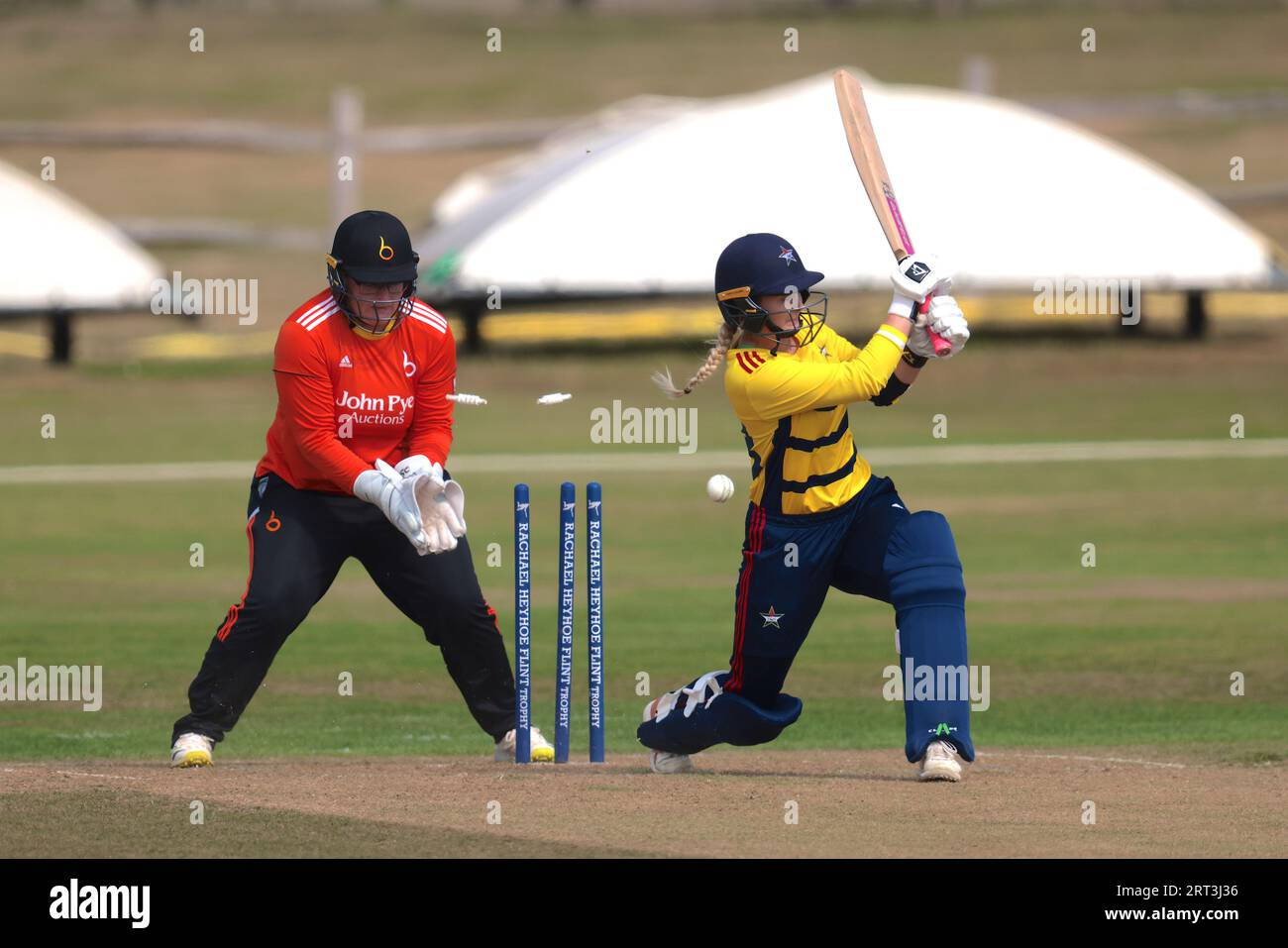 London, UK. 10th Sep, 2023. The Stars Chloe Hill is bowled by Josie ...