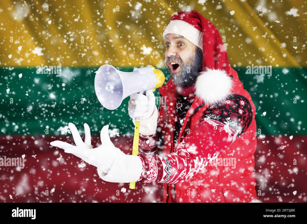 Santa Claus shouts into a bullhorn and shows an aggressive gesture with ...