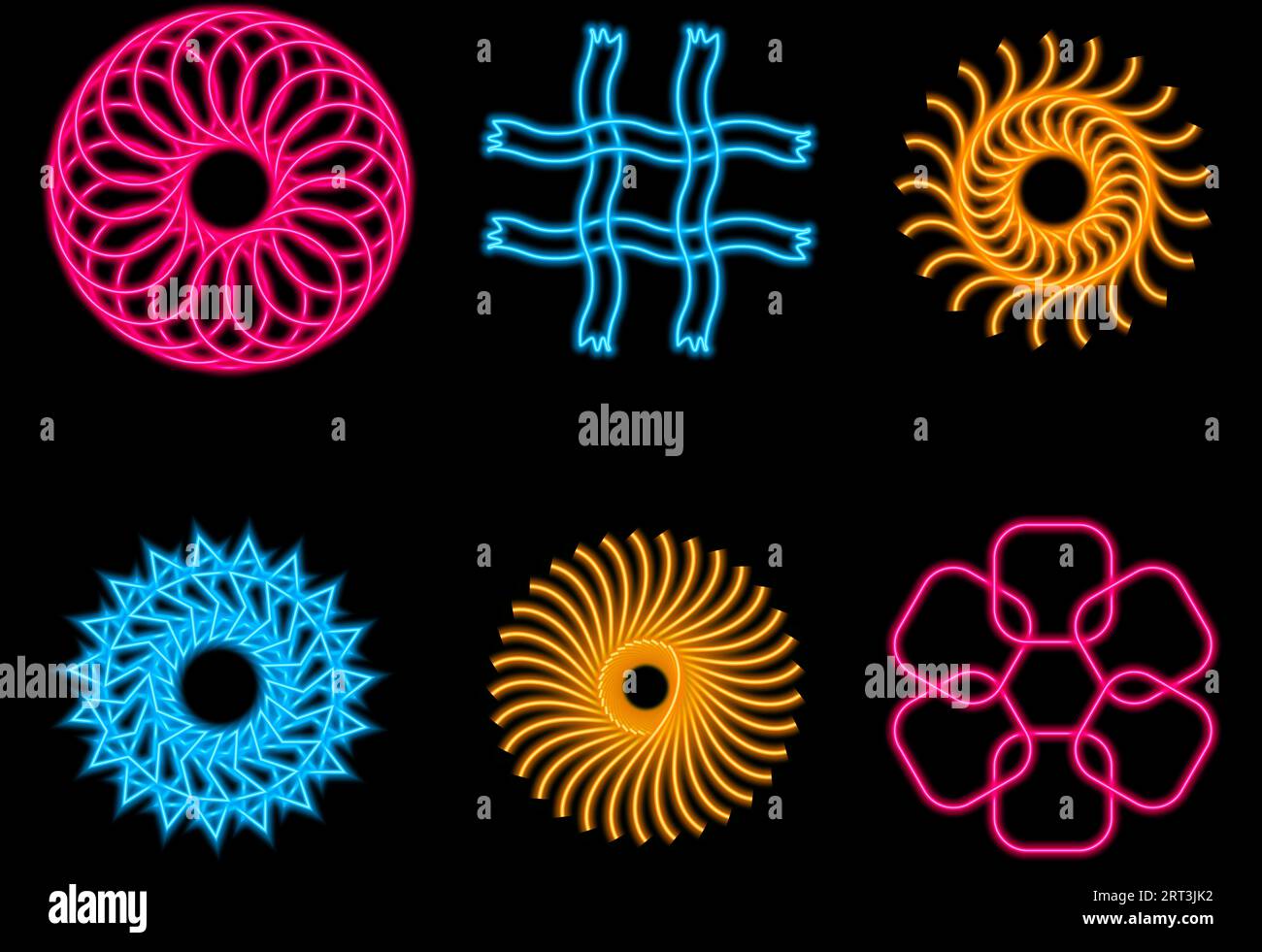 Various neon shapes on a black background Stock Photo - Alamy