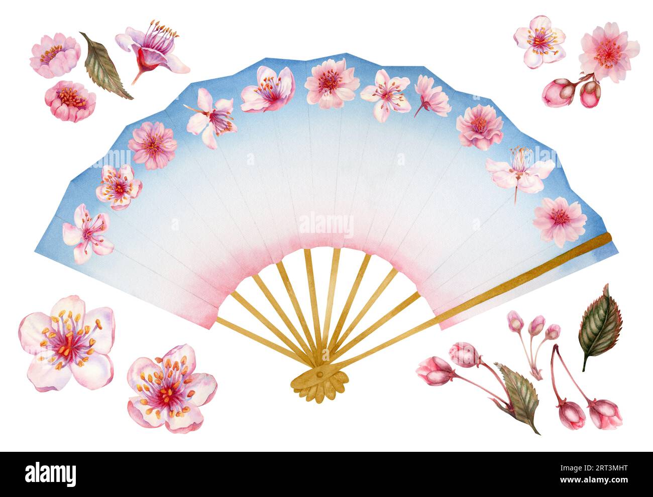 Watercolor illustration of a pink white and blue open paper hand fan ...