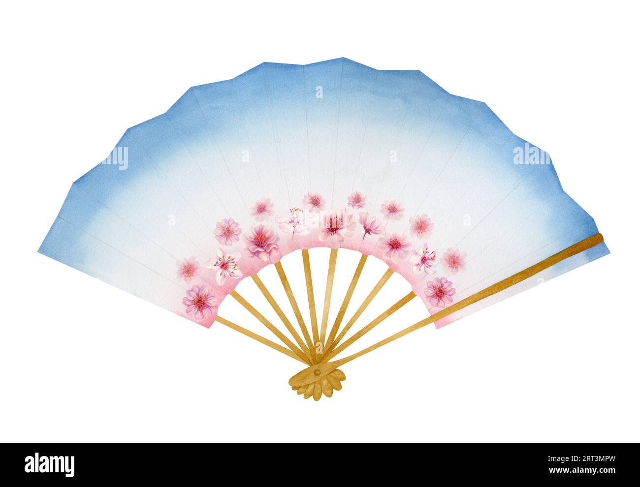 Watercolor illustration of a pink white and blue open paper hand fan ...