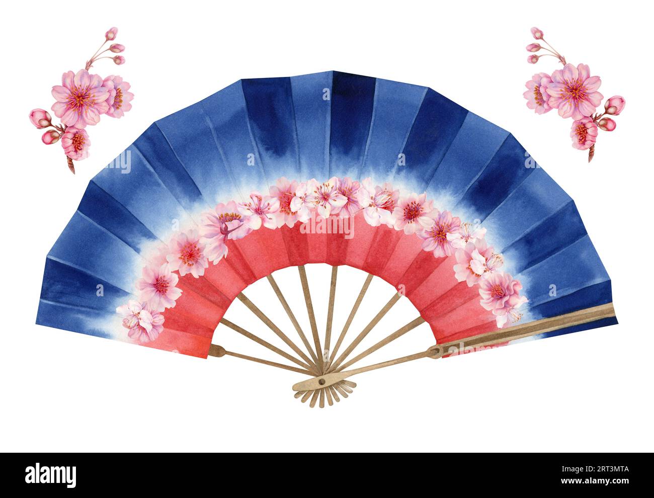 Watercolor illustration of a red, white and blue open paper hand fan ...