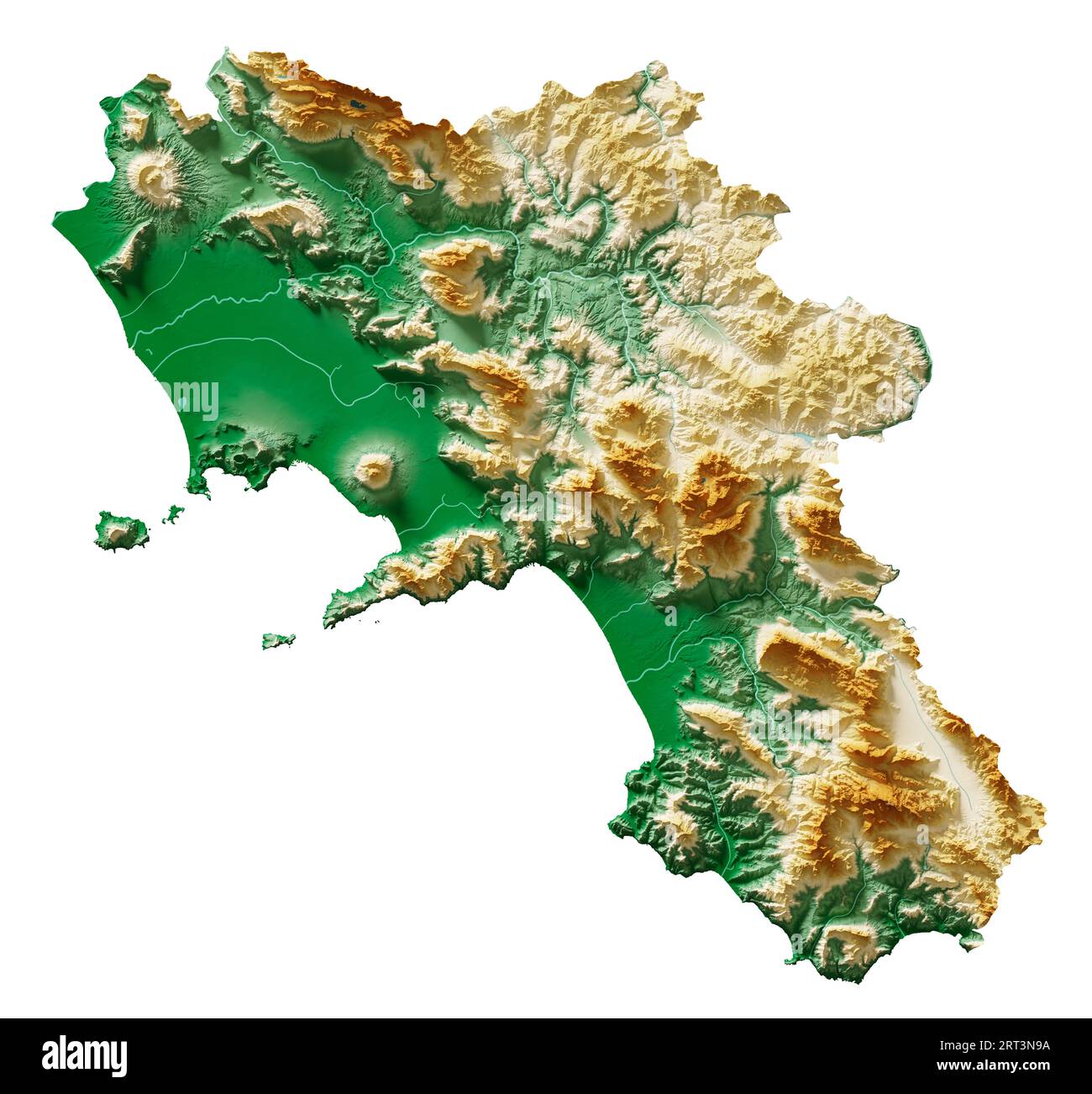 Campania. A region of Italy. Detailed 3D rendering of a shaded relief ...