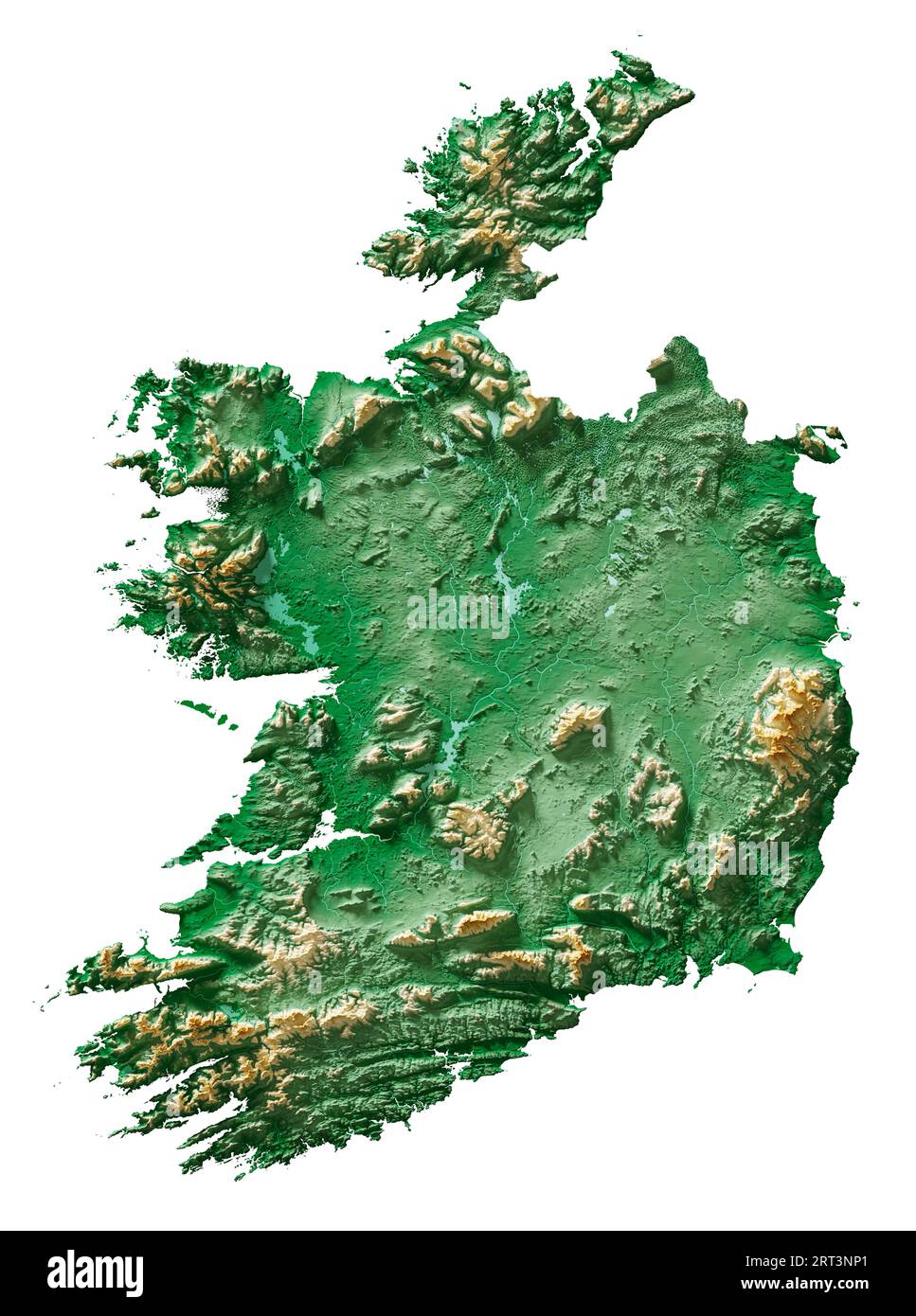 Ireland. A highly detailed 3D rendering of a shaded relief map with ...