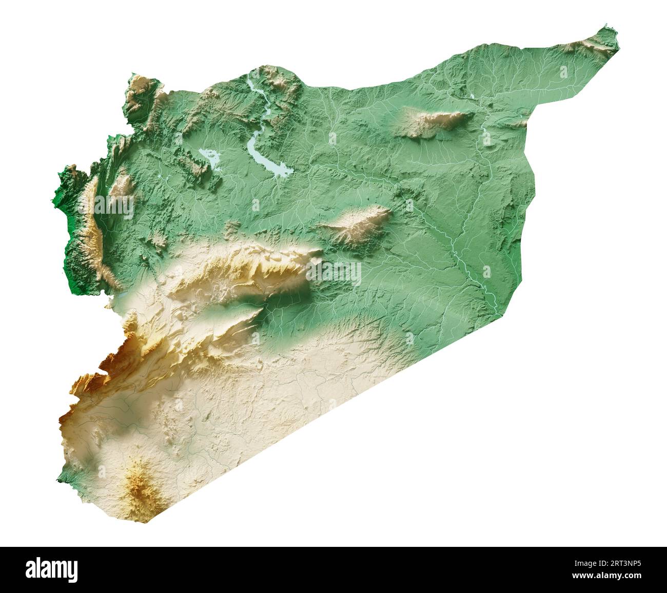 Syria. A highly detailed 3D rendering of a shaded relief map with rivers and lakes. Colored by ...