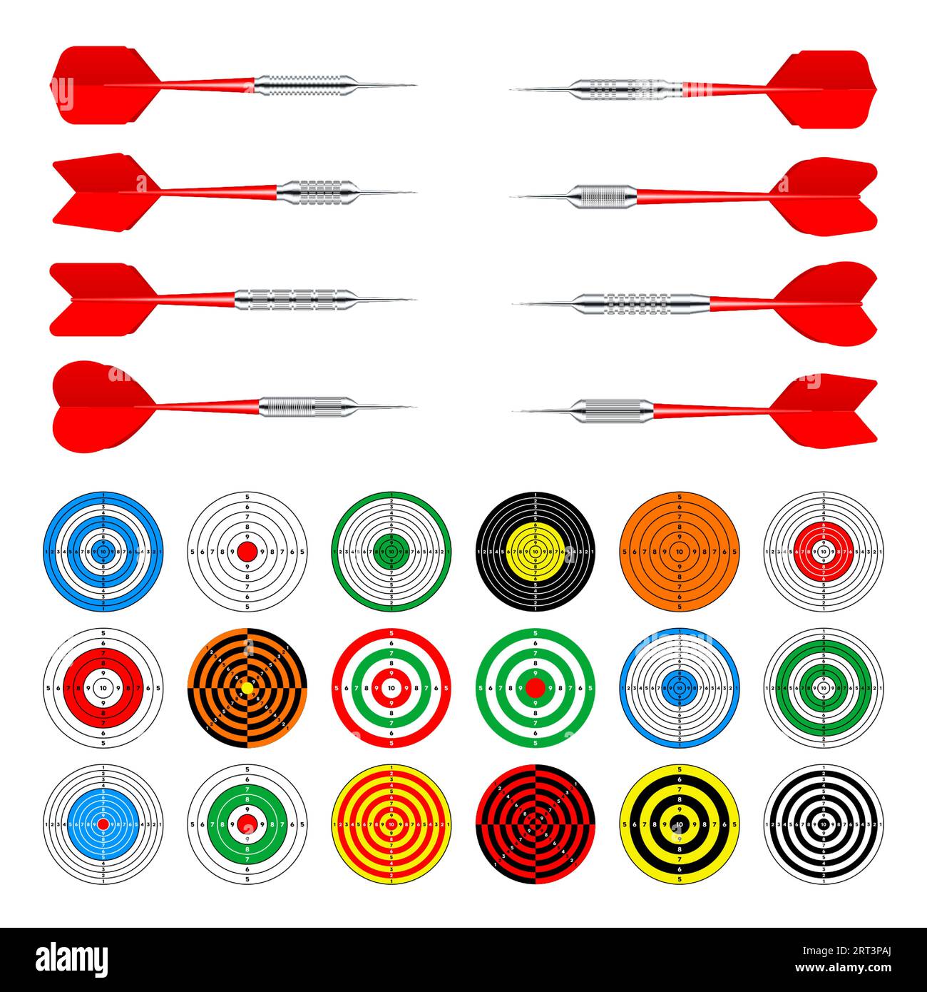 Paper targets with dart arrows. Shooting range round target, divisions ...