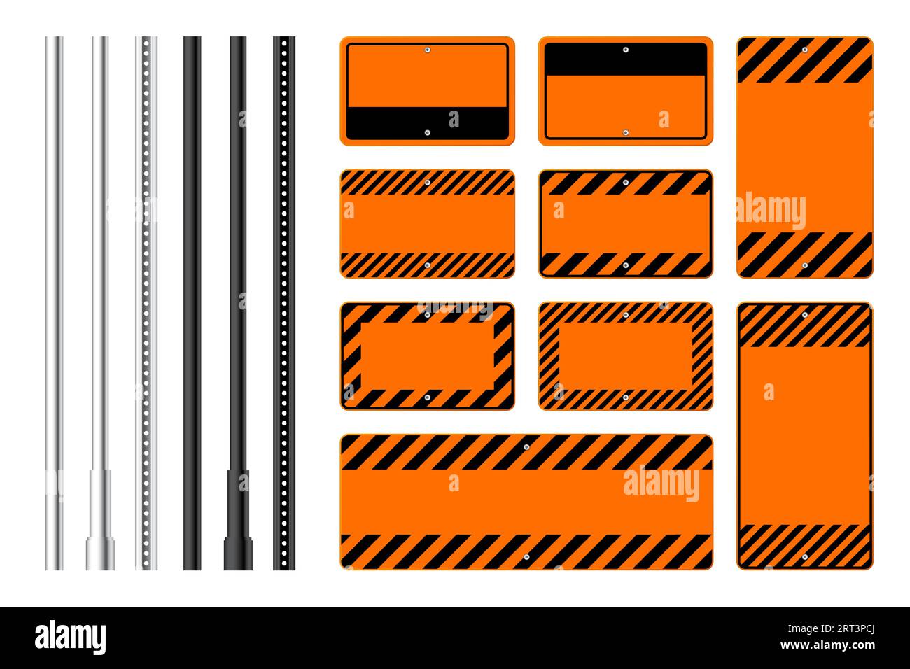 Warning, danger signs, attention banners with metal poles. Blank orange ...