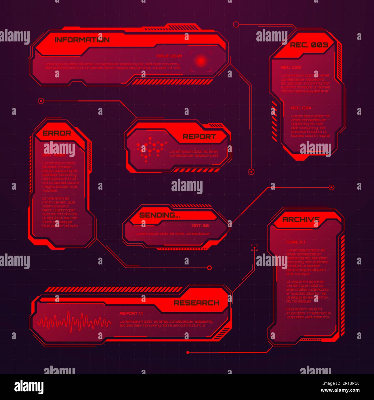 Red futuristic HUD or UI elements. Sci-fi user interface text boxes ...