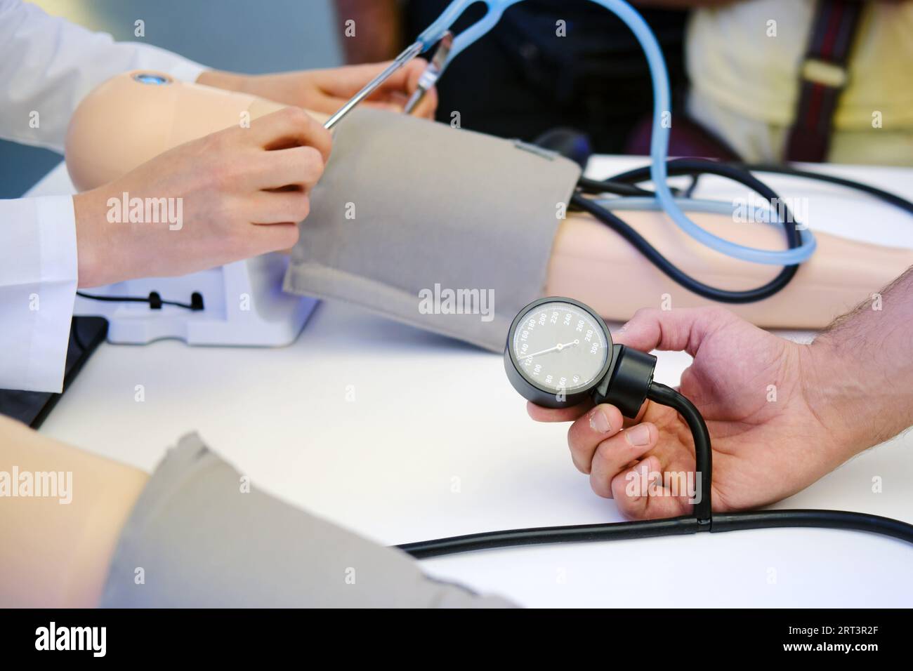 Doctor measuring blood pressure of a training dummy in hospital ...