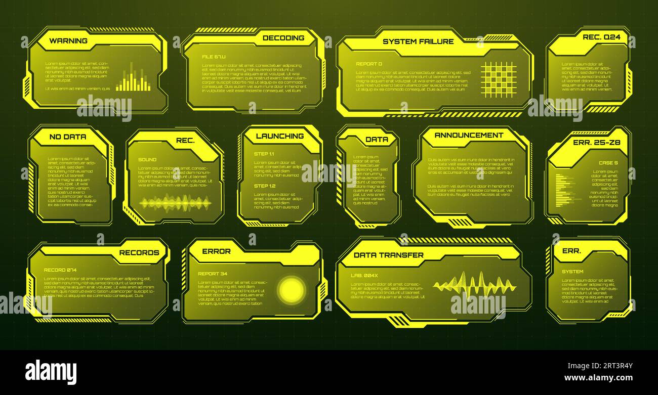 Yellow futuristic HUD, UI elements. Sci-fi user interface text boxes ...