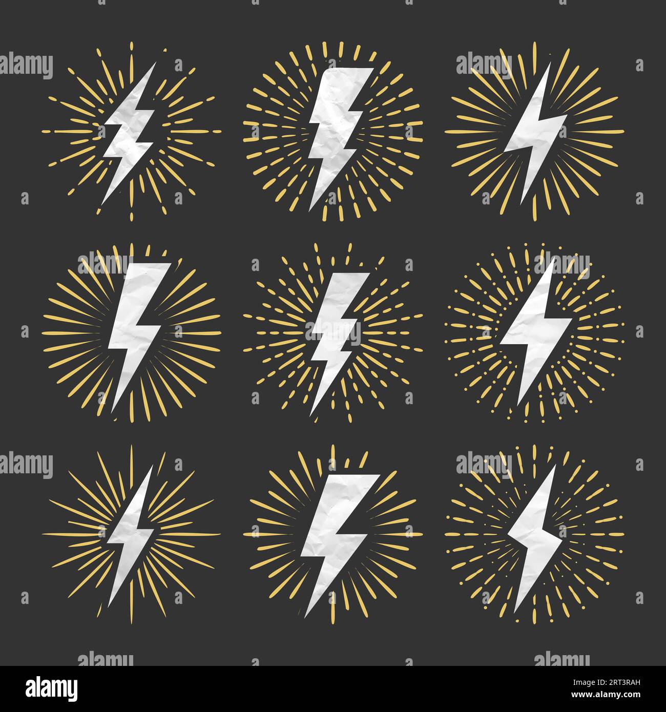 Vintage lightning bolt and sunrays. Lightnings with crumpled paper ...