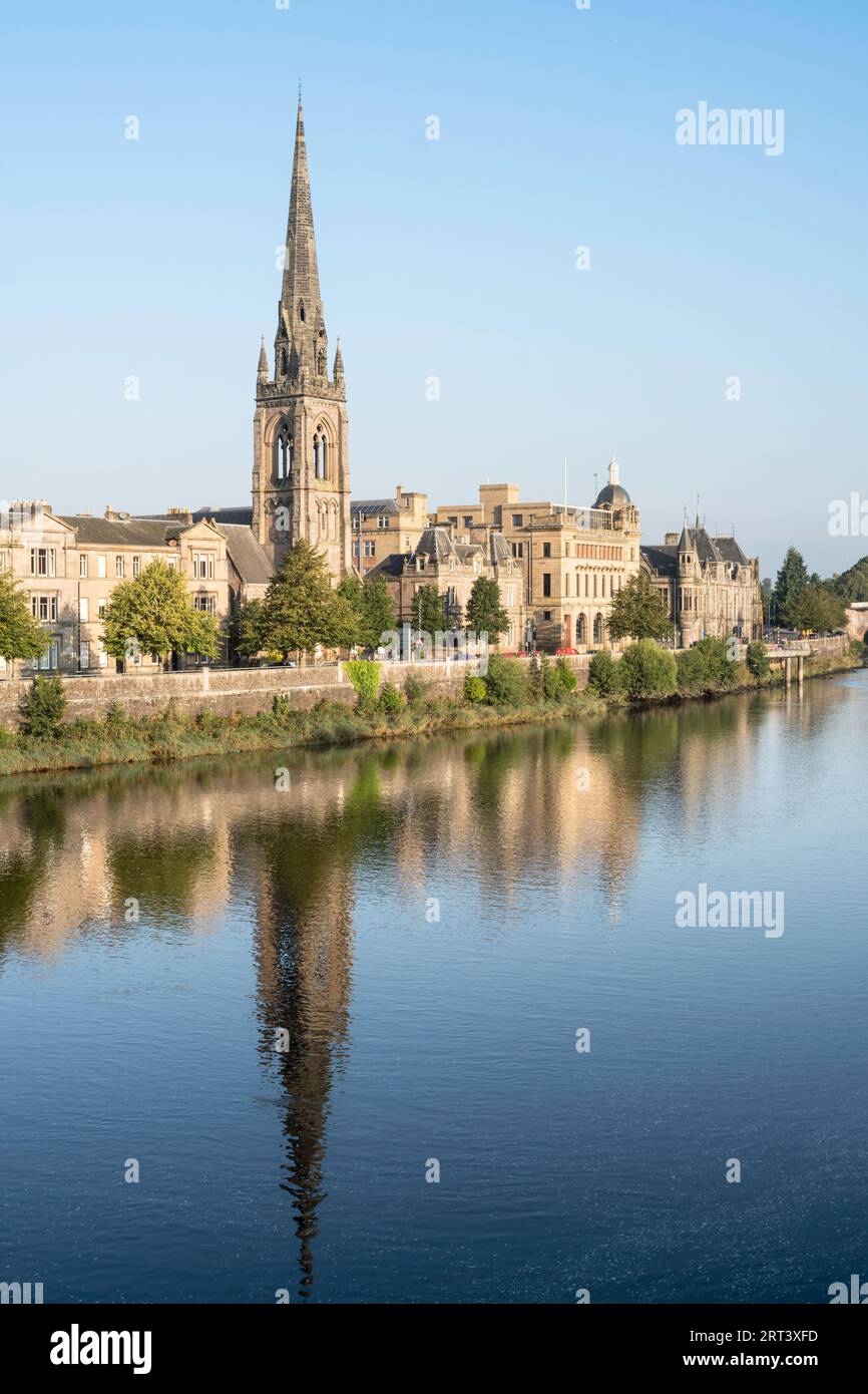 Buildings reflected in the river Tay in Perth, Scotland, UK Stock Photo ...