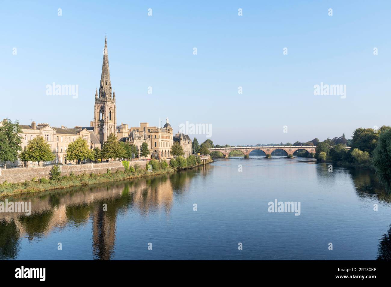 Buildings reflected in the river Tay in Perth, Scotland, UK Stock Photo ...
