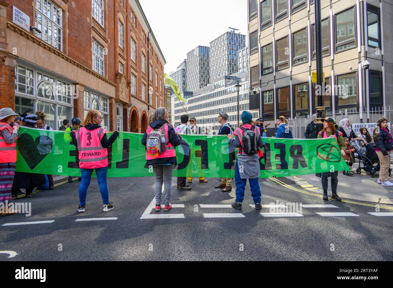 LONDON - April 22, 2023: Extinction Rebellion protesters employ a ...