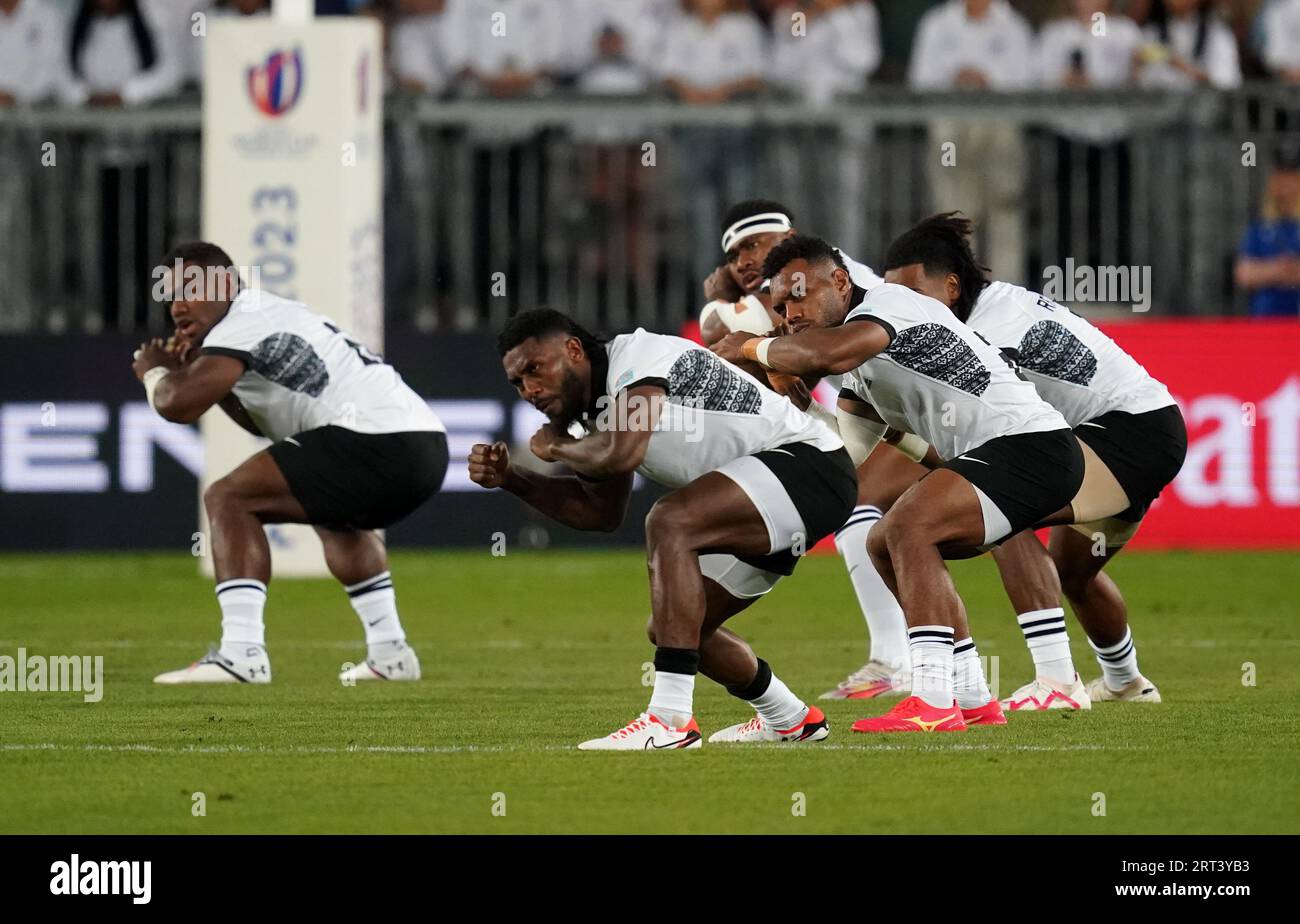 Fiji players perform the Cibi before the 2023 Rugby World Cup Pool C ...