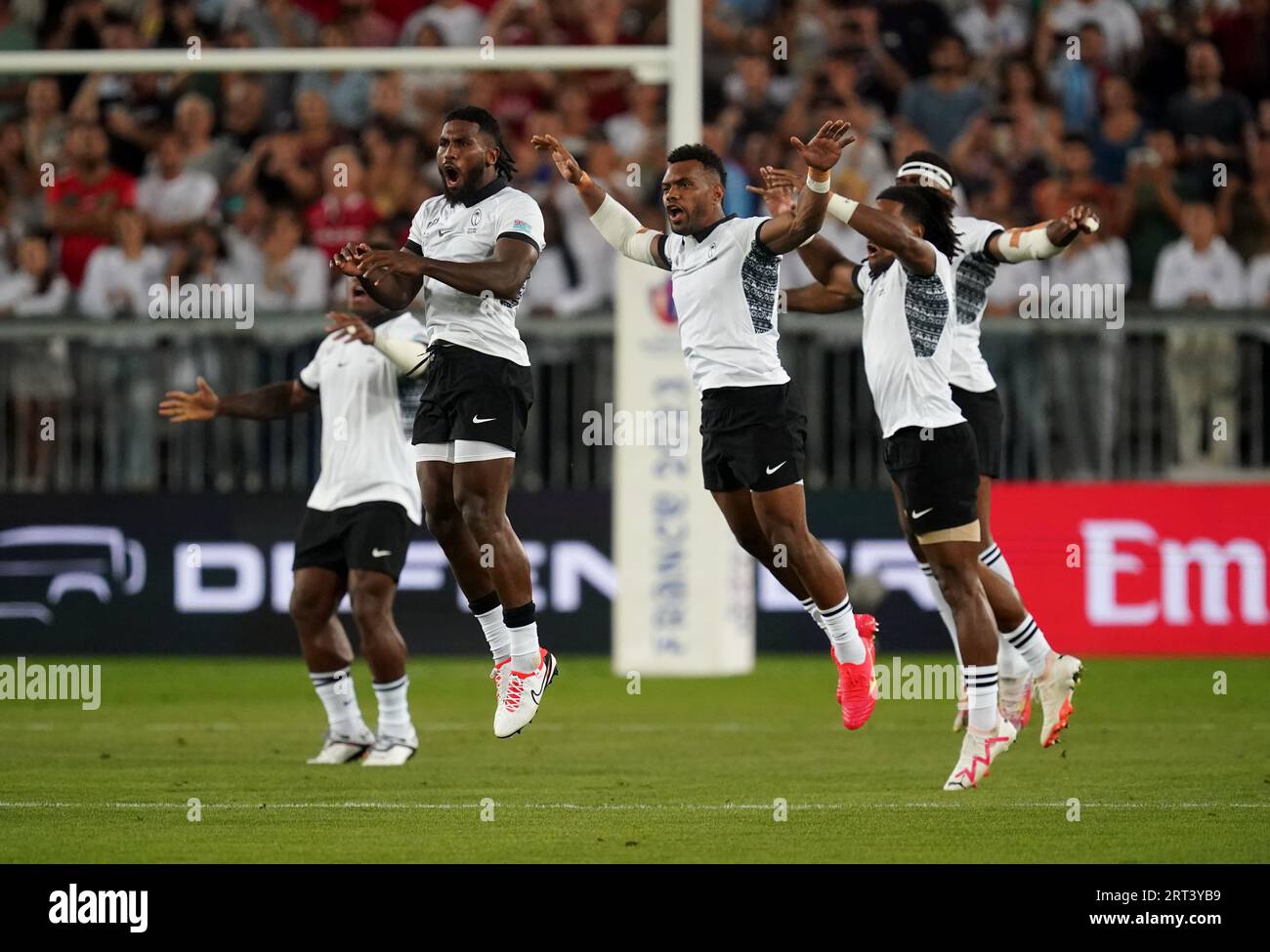 Fiji players perform the Cibi before the 2023 Rugby World Cup Pool C ...