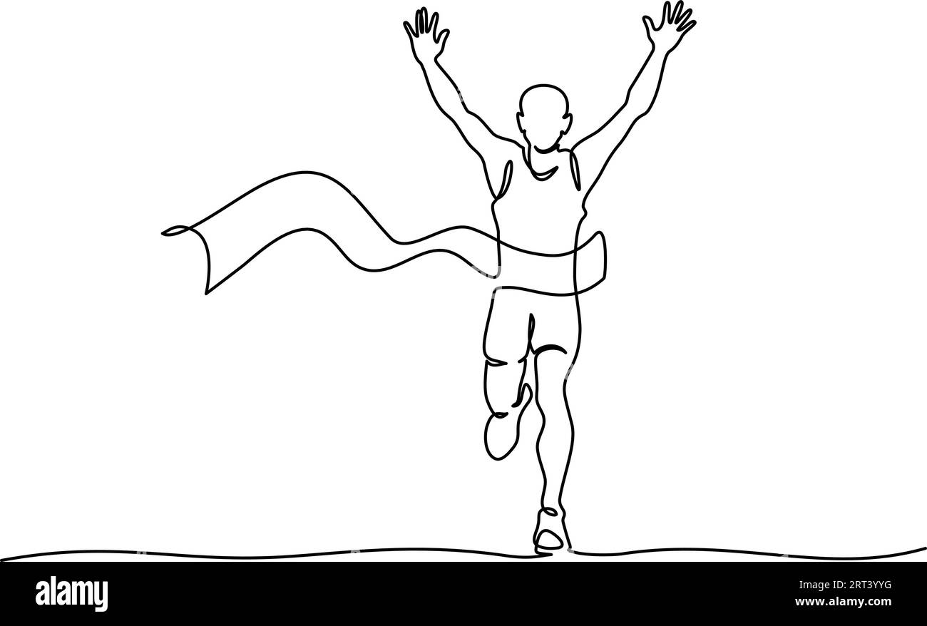 Runner reaches finish line holding his arms up. Continuous one line ...
