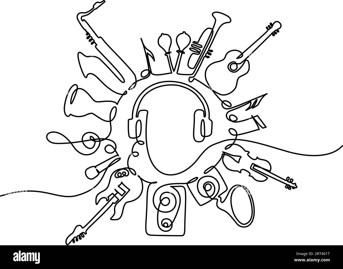 Musical Instruments round shape with headphones in centre. Silhouettes ...