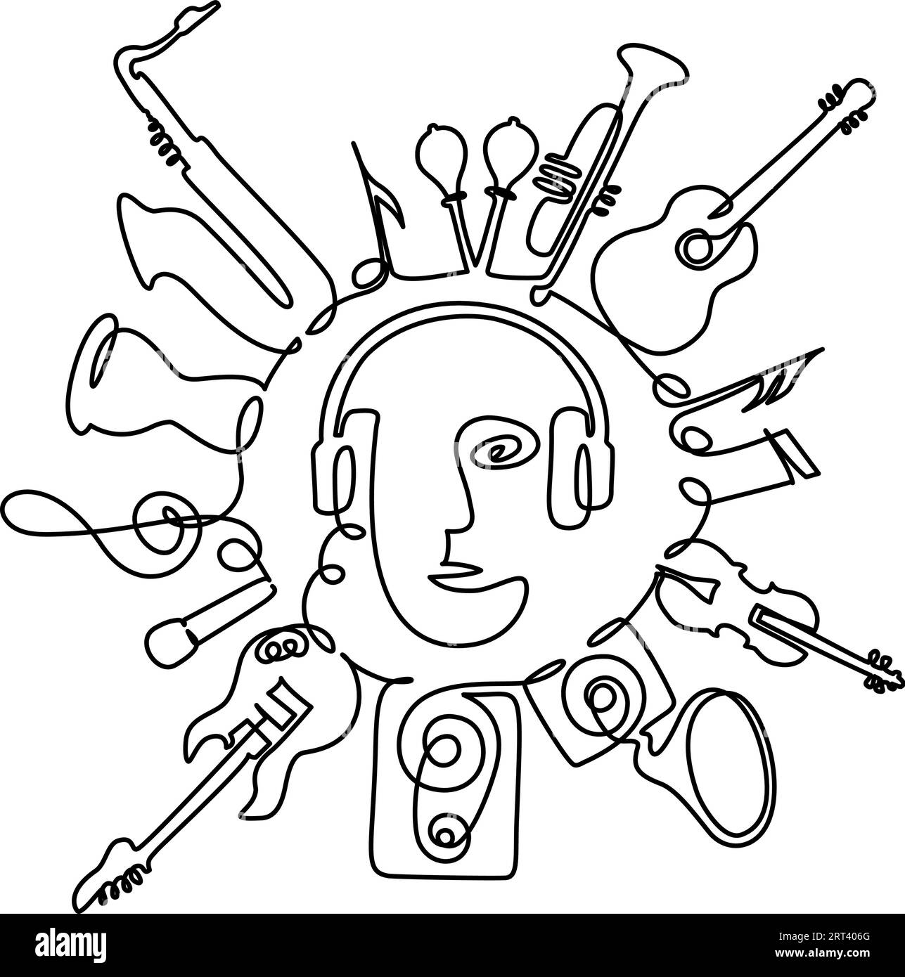 Musical Instruments round shape with man in headphones in centre ...