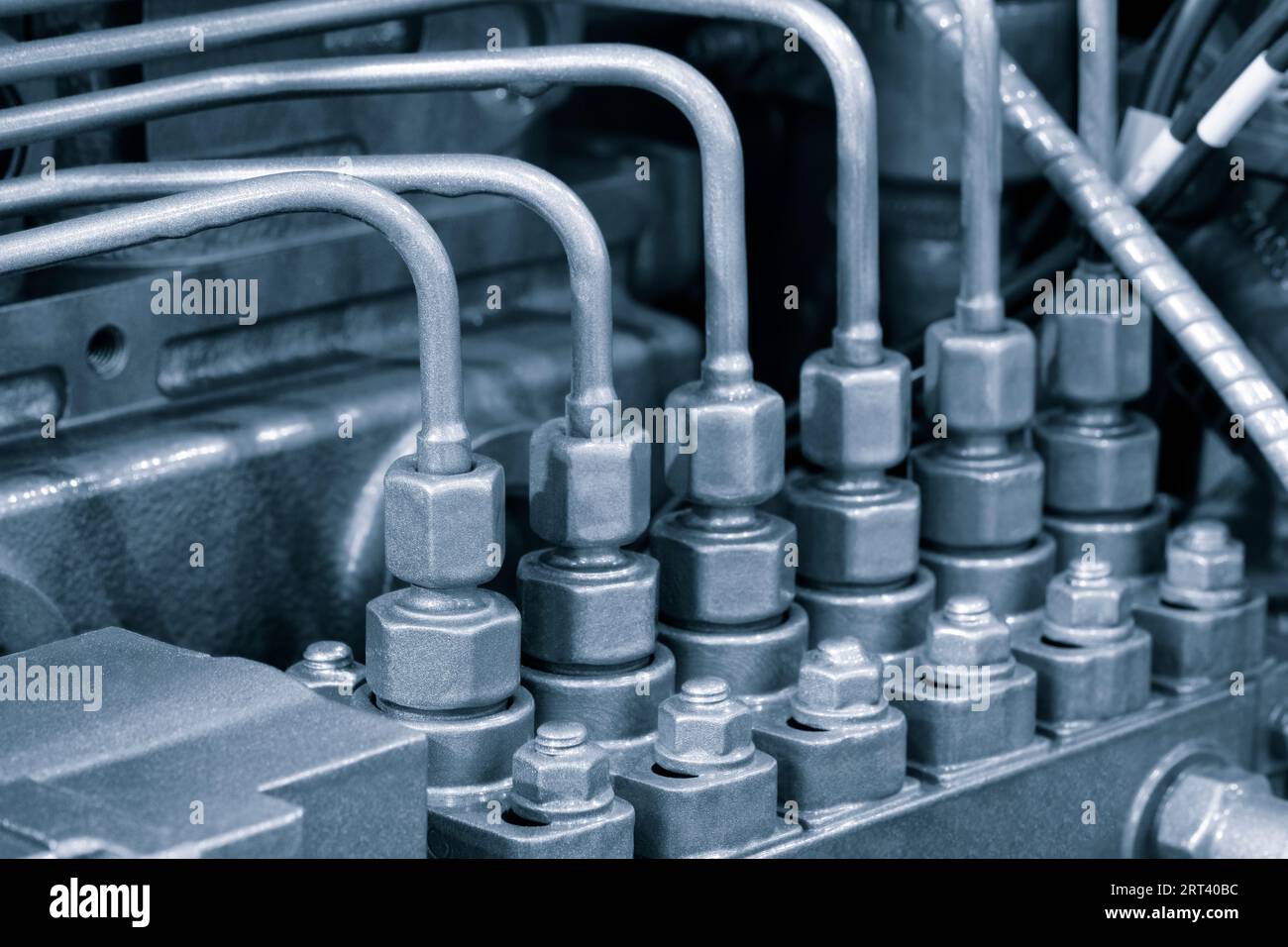 Blue diesel engine. Fragment of a diesel motor close-up. Selective on ...
