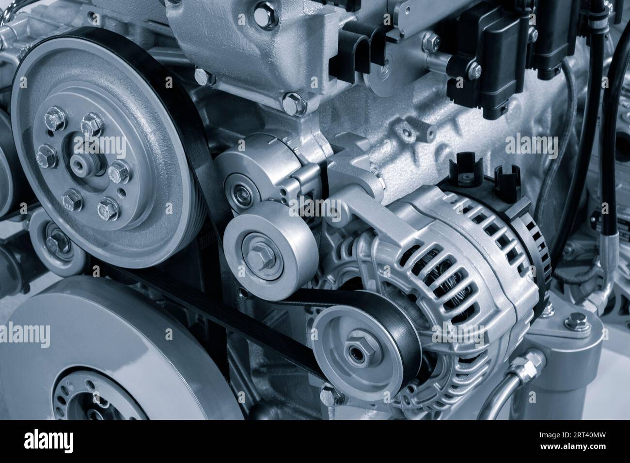 Belt drive of Diesel engine electric generator. Close up car timing ...