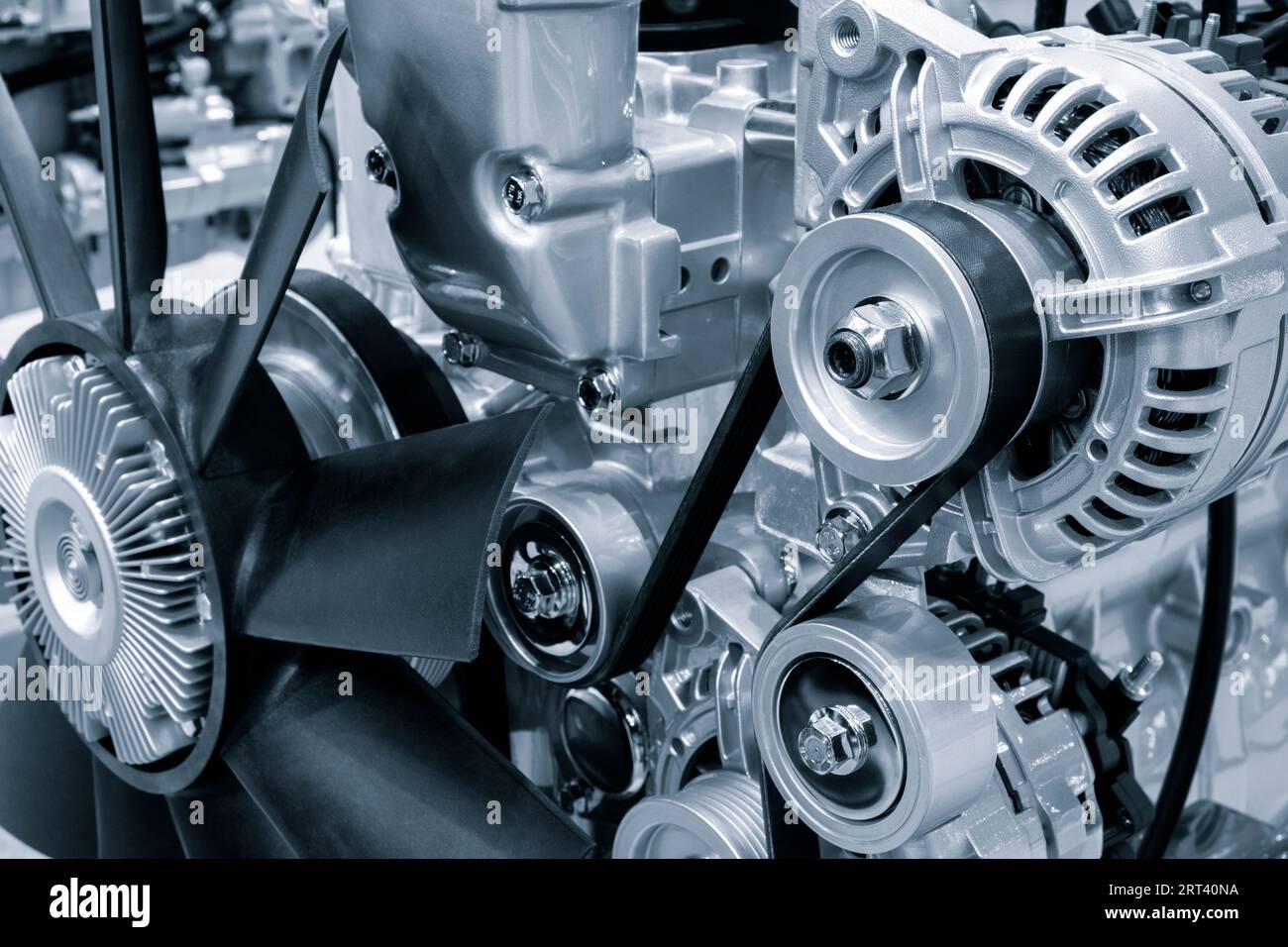 Belt drive of Diesel engine electric generator. Close up car timing ...