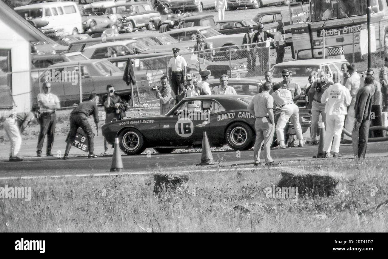 Sam Posey in a Penske Sunoco Camaro at the 1968 Watlins Glen Trans Am ...