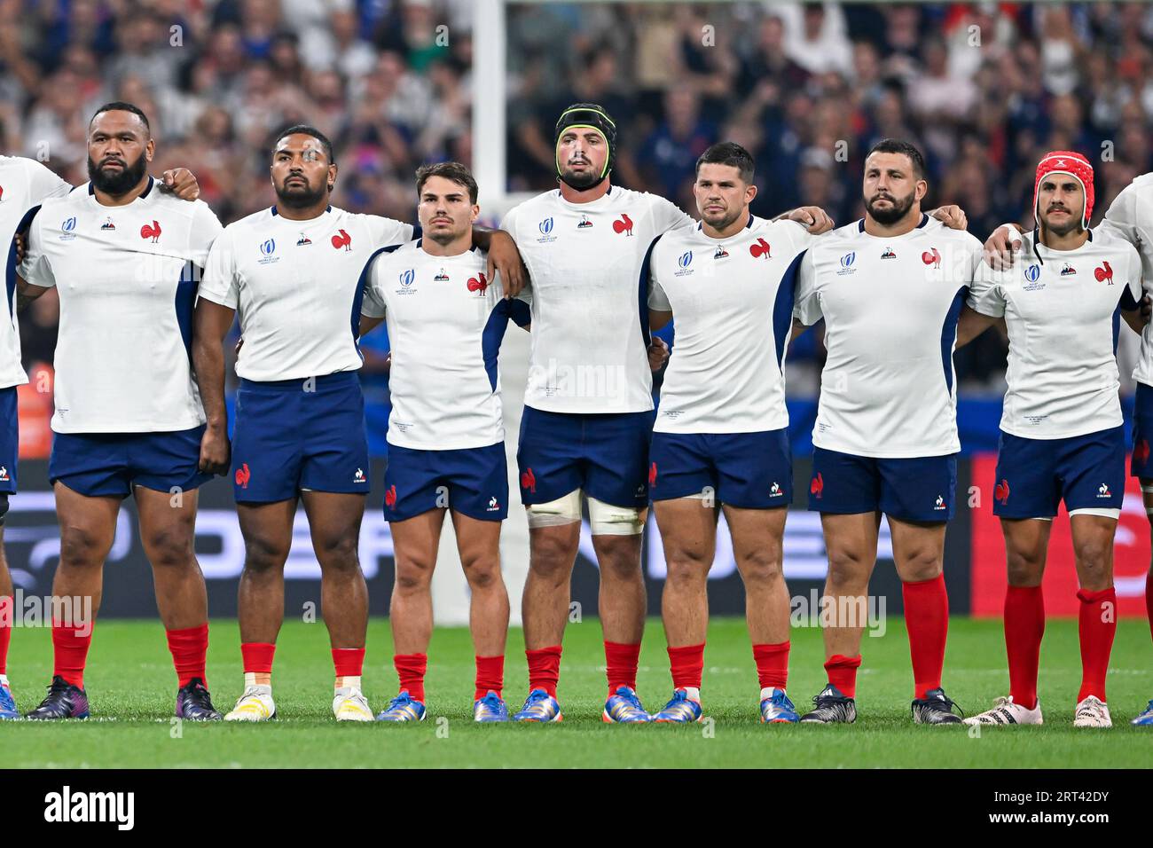 Antoine Dupont and players of French team during the haka during the Rugby World Cup RWC 2023 ...