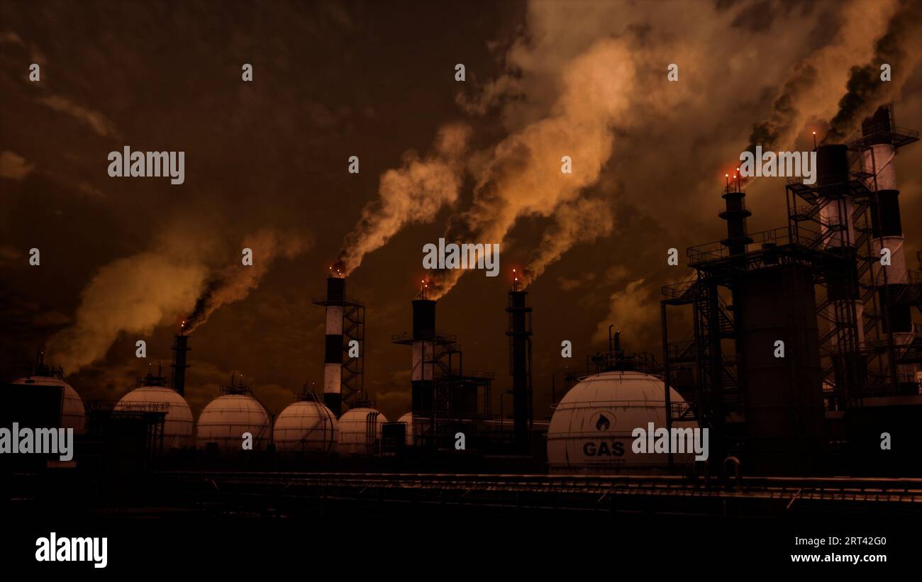 natural gas power plant with storage tanks, fictitious - abstract 3D ...