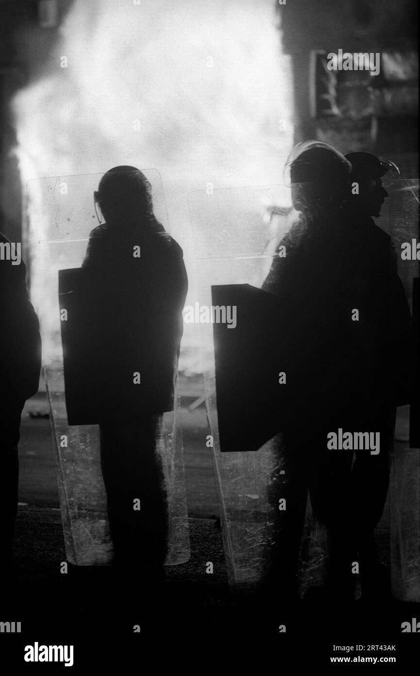 Toxteth Riots 1980s UK. Buildings are set on fire, police with shields ...