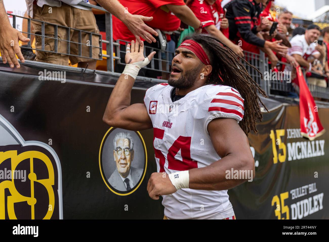 San Francisco 49ers linebacker Fred Warner (54) celebrates with fans ...