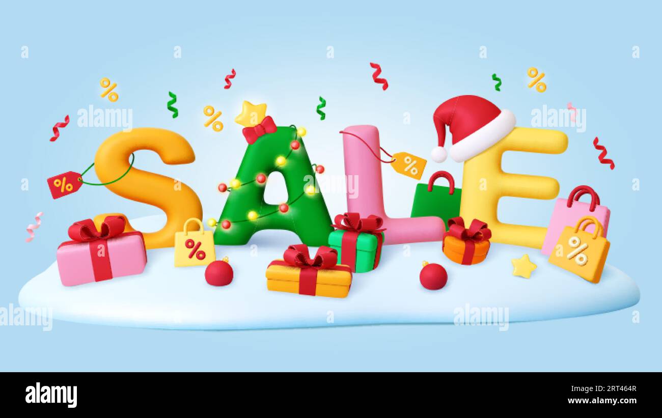 Christmas sale 3d background. Store discount banner, render gift boxes ...