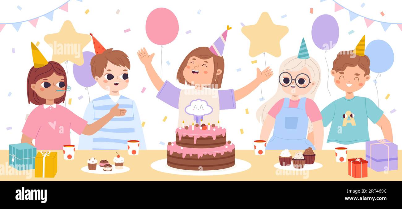 Kids birthday party. Happy girl with cake and friends, balloons and ...